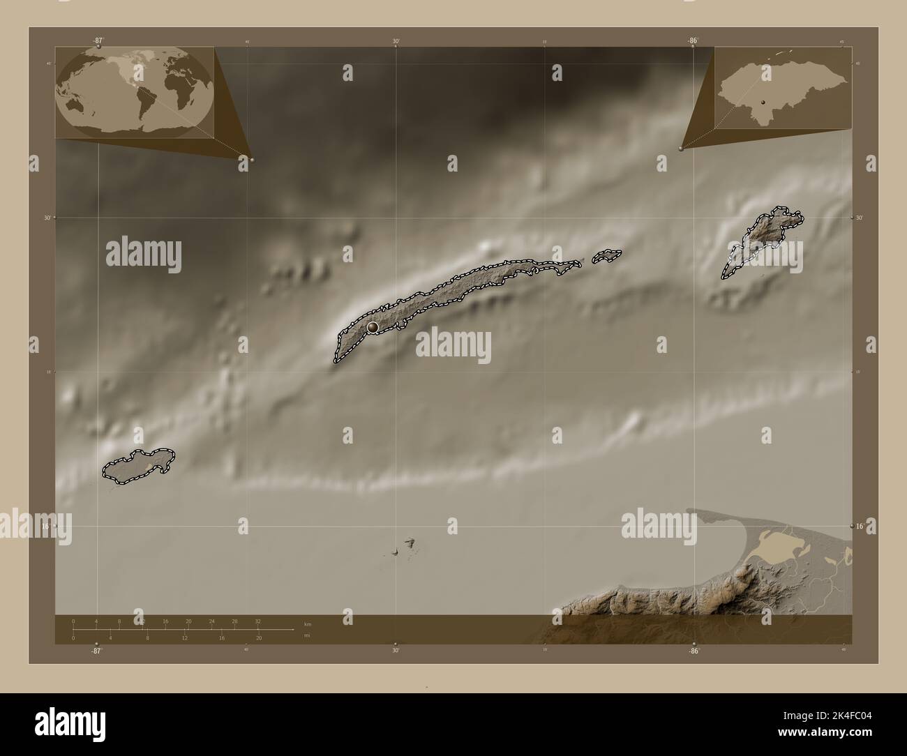Islas de la Bahia, department of Honduras. Elevation map colored in ...