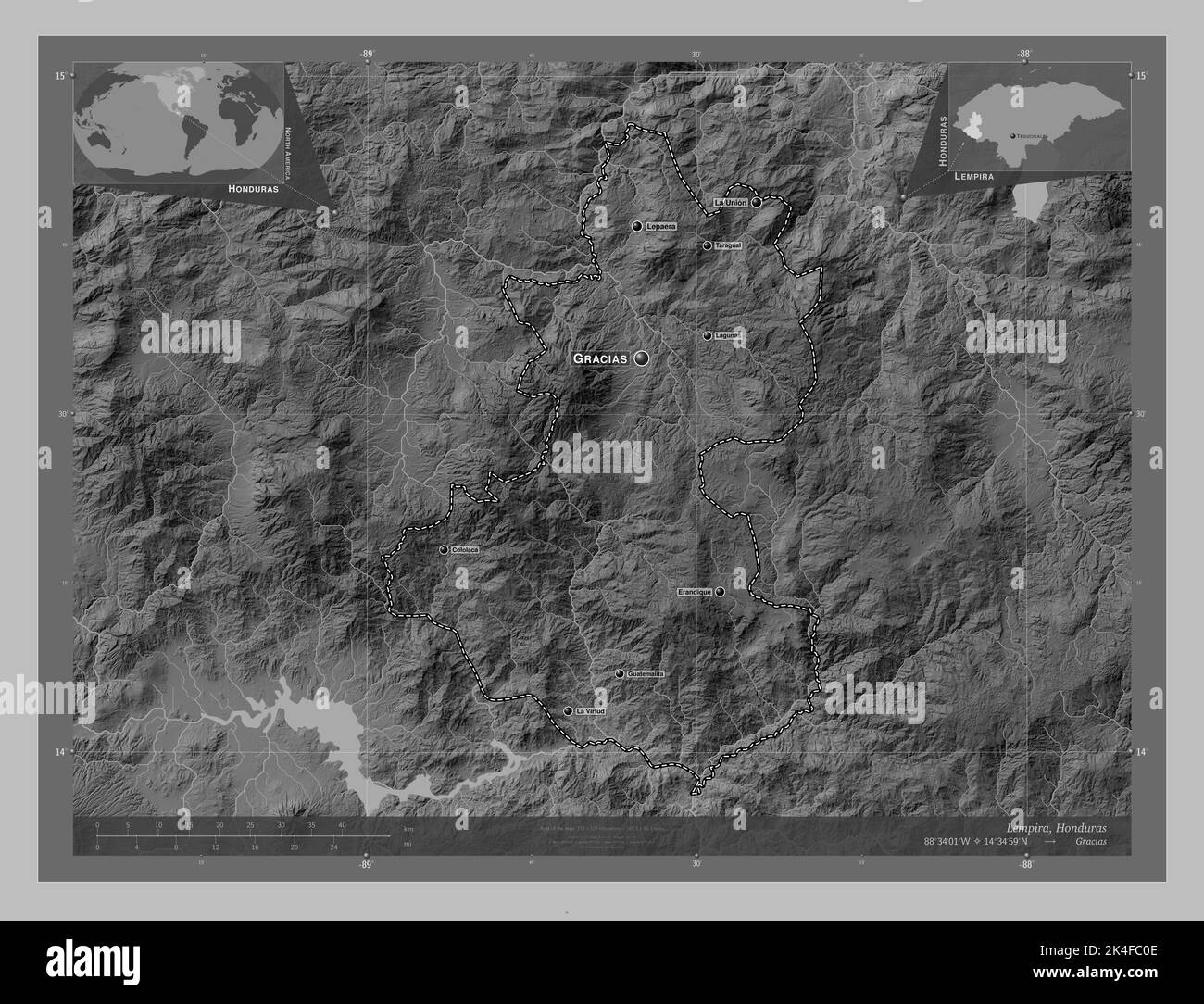 Lempira, department of Honduras. Grayscale elevation map with lakes and ...