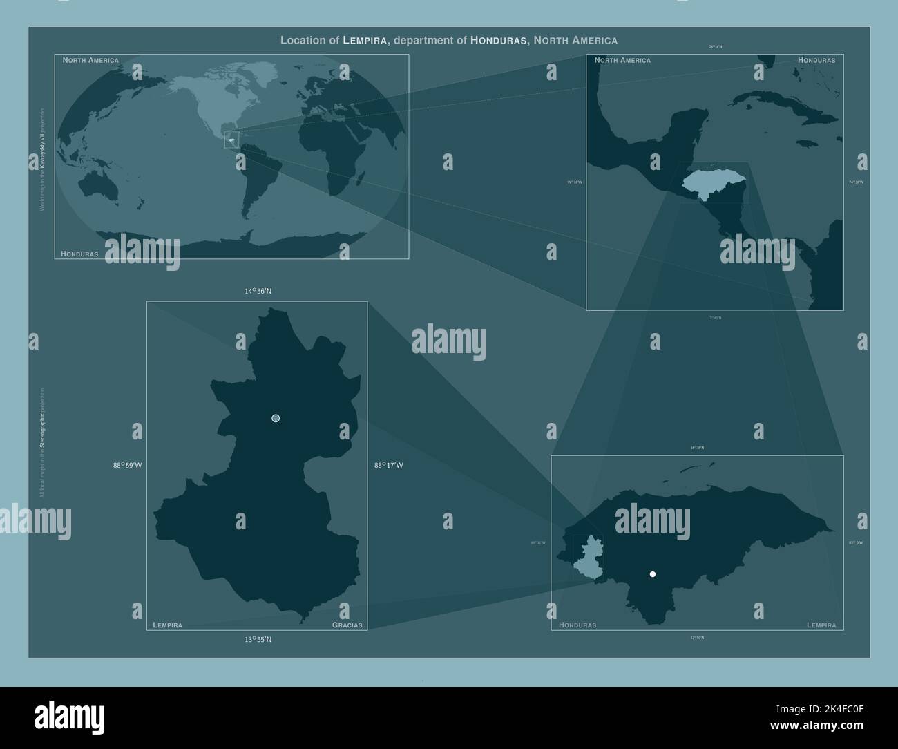 Lempira, department of Honduras. Diagram showing the location of the region on larger-scale maps ...