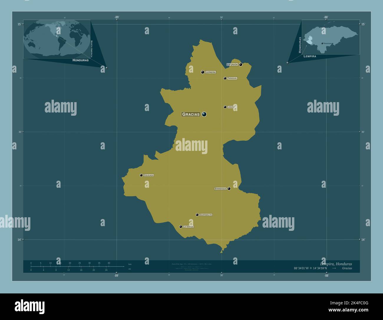 Lempira, department of Honduras. Solid color shape. Locations and names ...