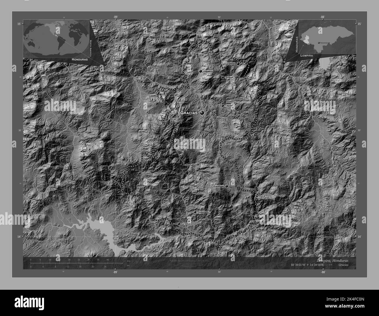 Lempira, department of Honduras. Bilevel elevation map with lakes and rivers. Locations and ...