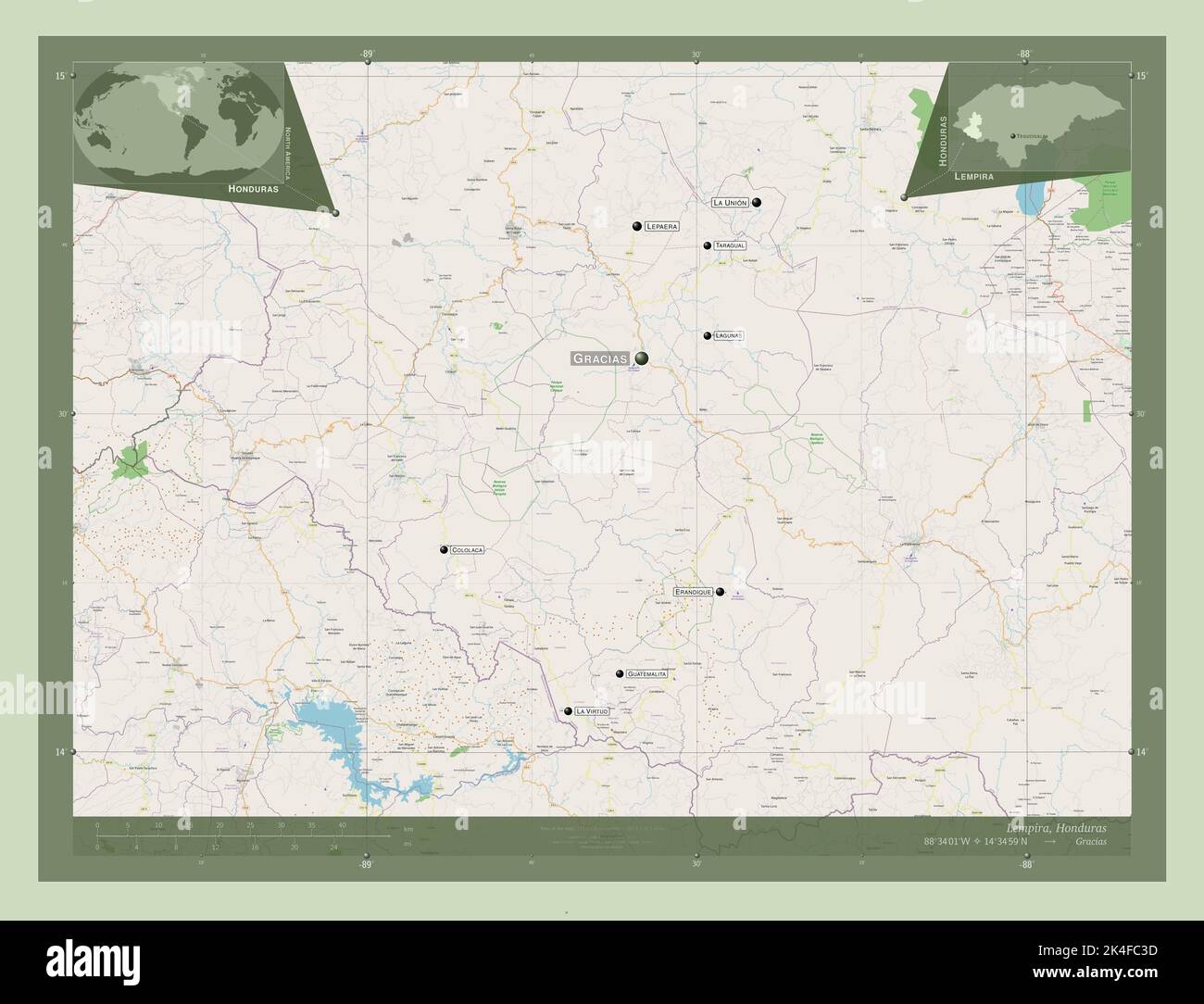 Lempira, department of Honduras. Open Street Map. Locations and names of major cities of the ...