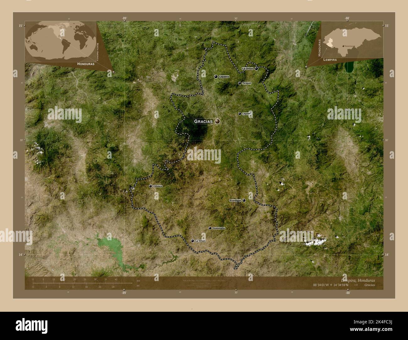 Lempira, department of Honduras. Low resolution satellite map. Locations and names of major ...