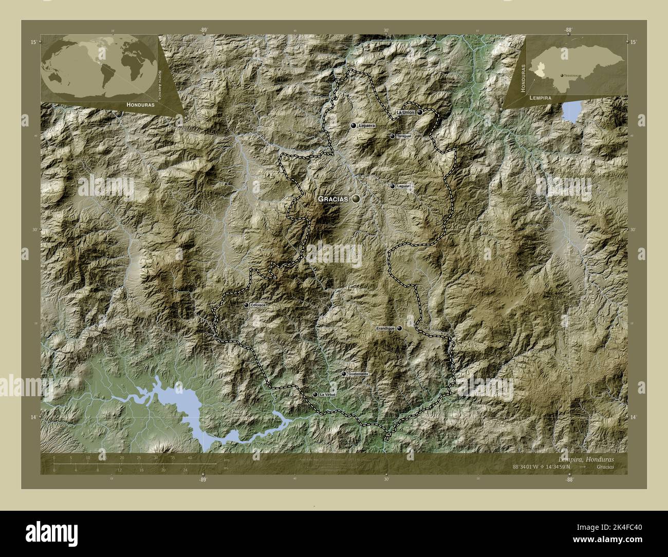 Lempira, department of Honduras. Elevation map colored in wiki style ...