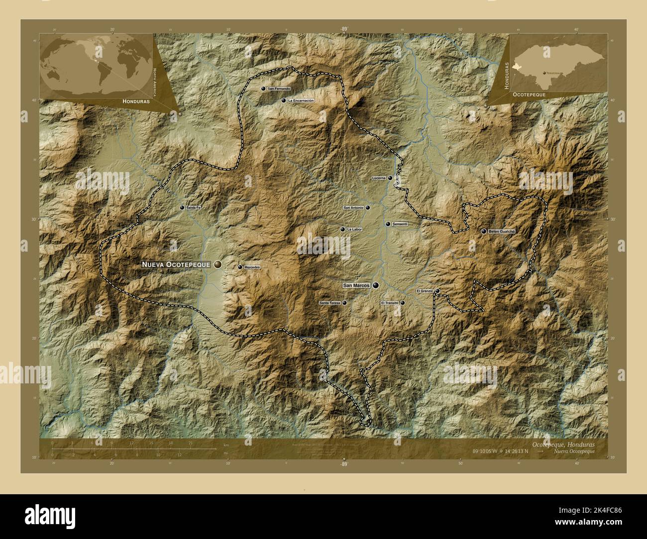 Ocotepeque Department Of Honduras Colored Elevation Map With Lakes And Rivers Locations And