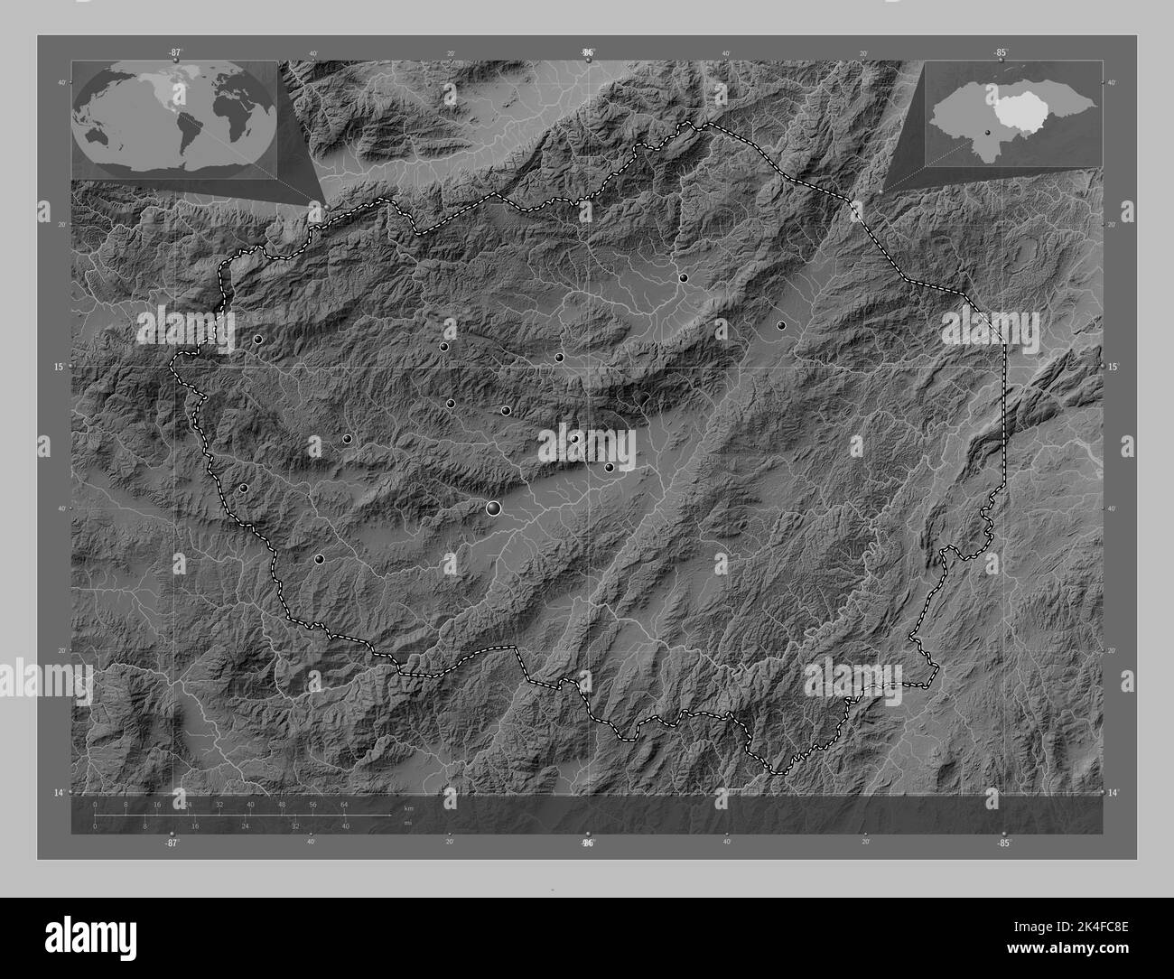 Olancho, department of Honduras. Grayscale elevation map with lakes and ...