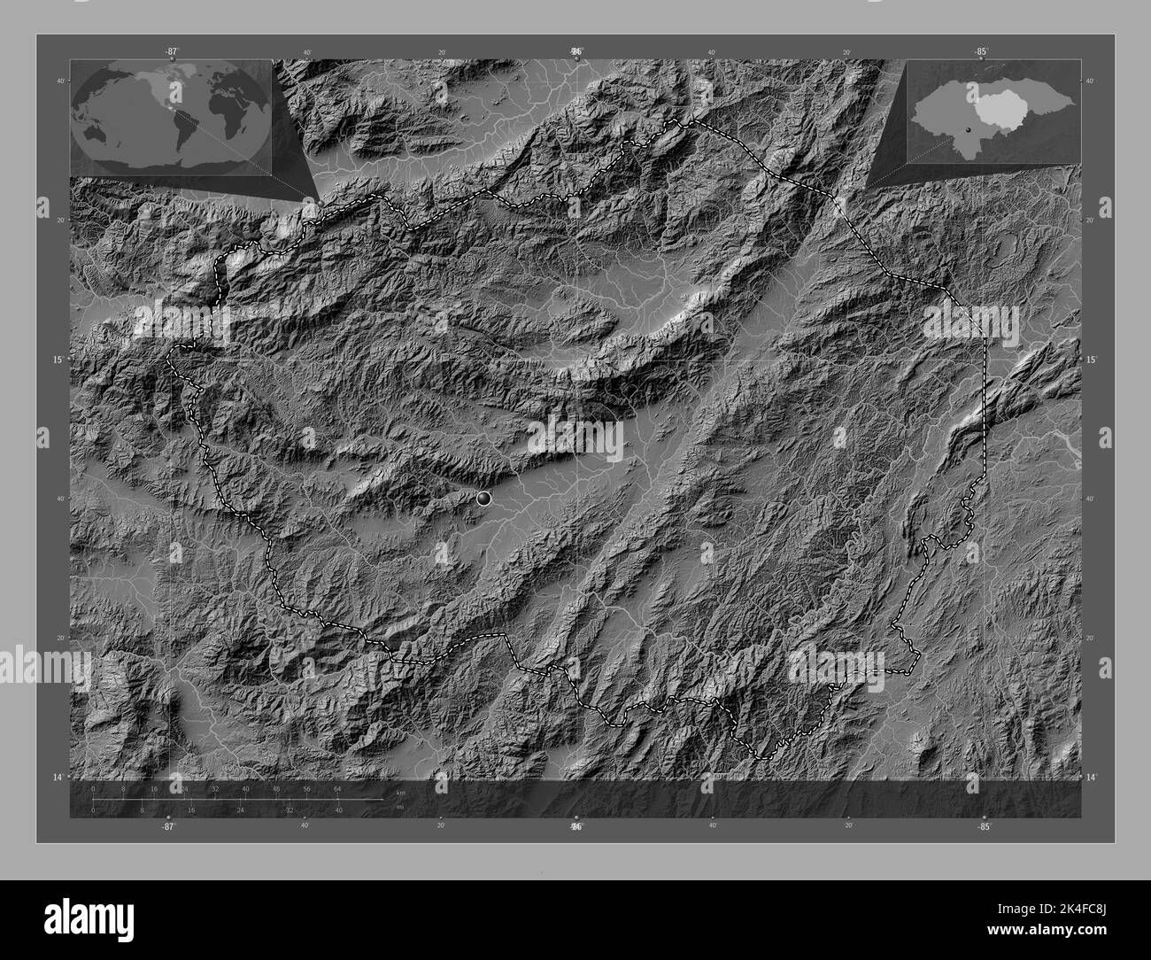 Olancho, department of Honduras. Bilevel elevation map with lakes and ...
