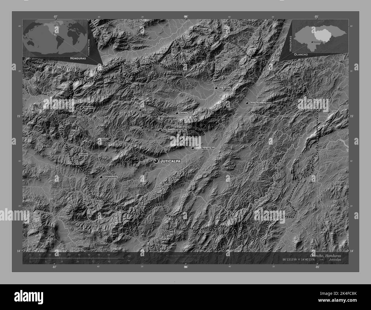 Olancho, department of Honduras. Bilevel elevation map with lakes and ...