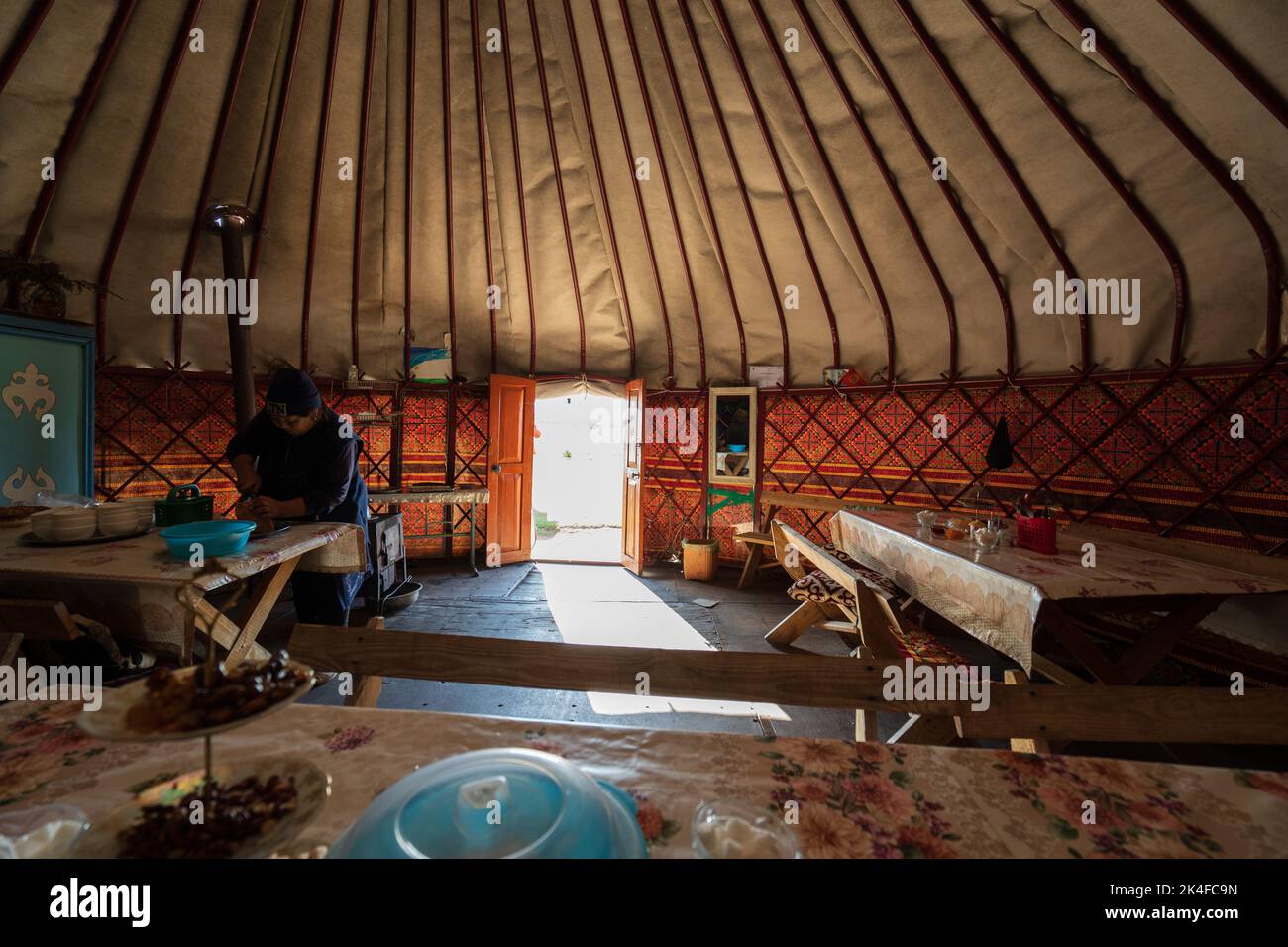 Inside of a kitchen yurt at nomadic camp, Song Kul Lake Stock Photo - Alamy