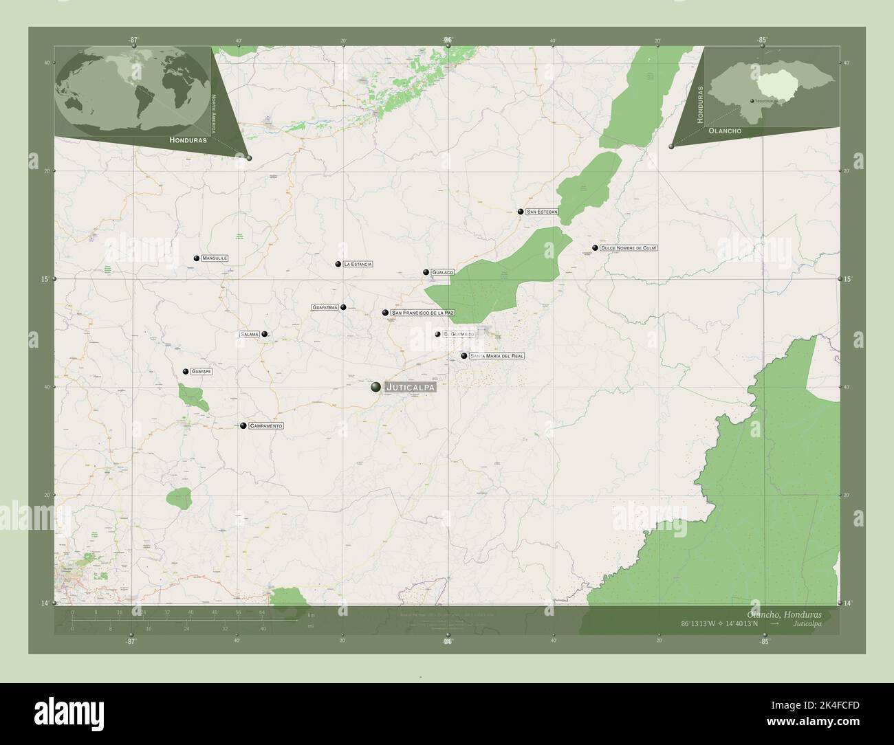 Olancho, department of Honduras. Open Street Map. Locations and names ...