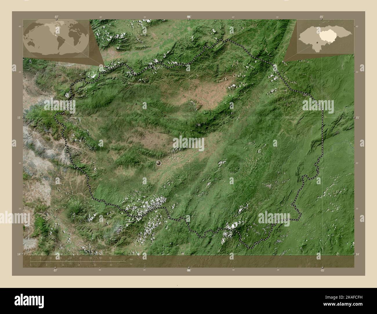 Olancho, department of Honduras. High resolution satellite map. Corner ...