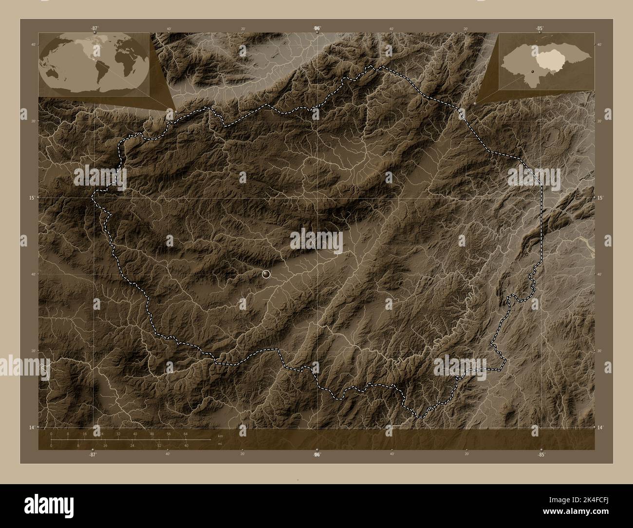 Olancho, department of Honduras. Elevation map colored in sepia tones ...