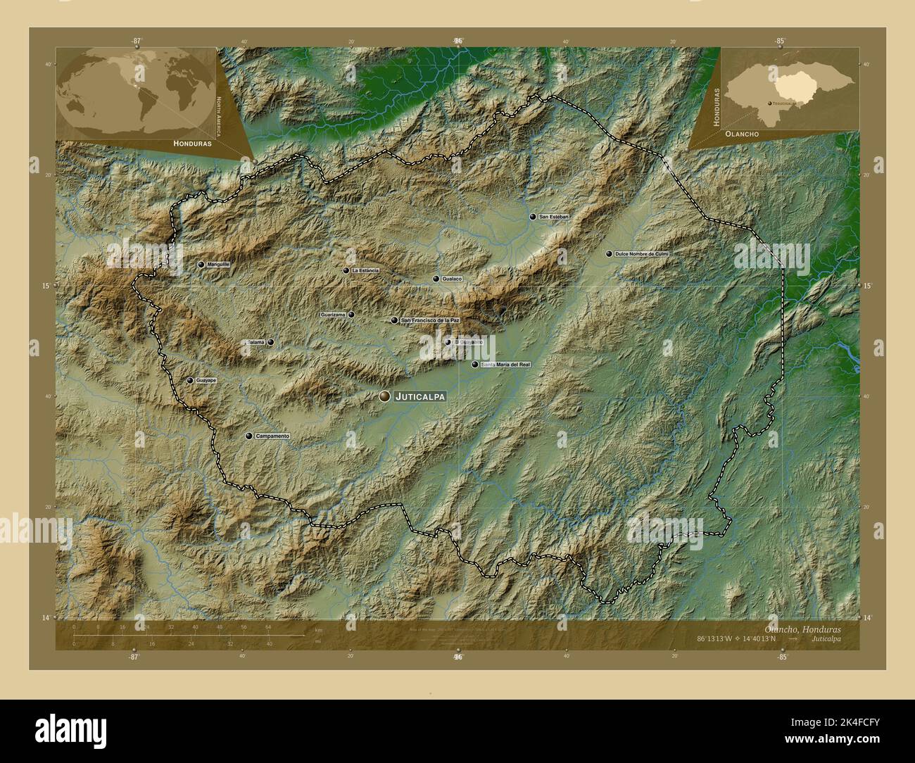 Olancho, department of Honduras. Colored elevation map with lakes and ...