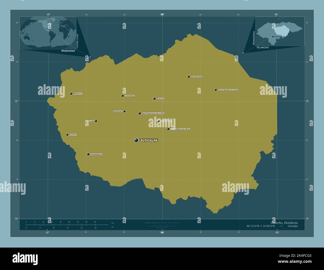 Olancho, department of Honduras. Solid color shape. Locations and names ...