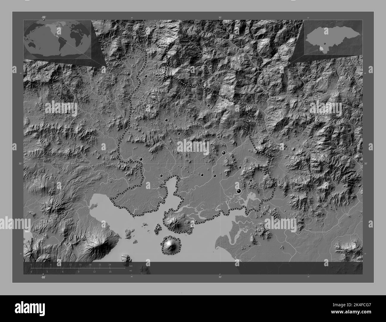 Valle, department of Honduras. Bilevel elevation map with lakes and ...