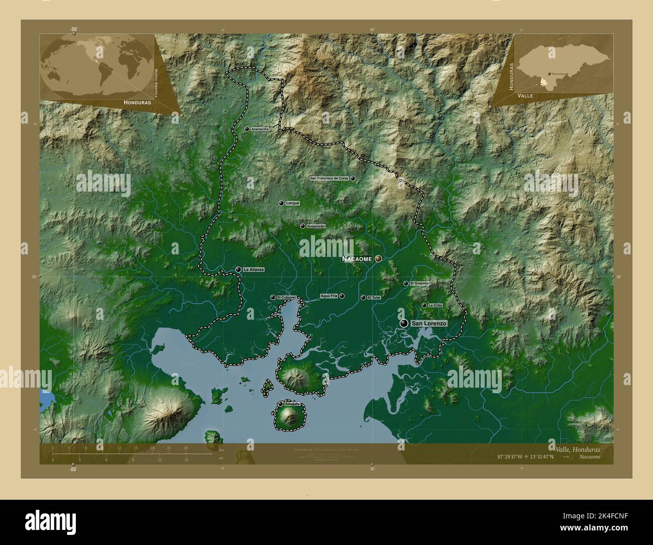 Valle, department of Honduras. Colored elevation map with lakes and ...
