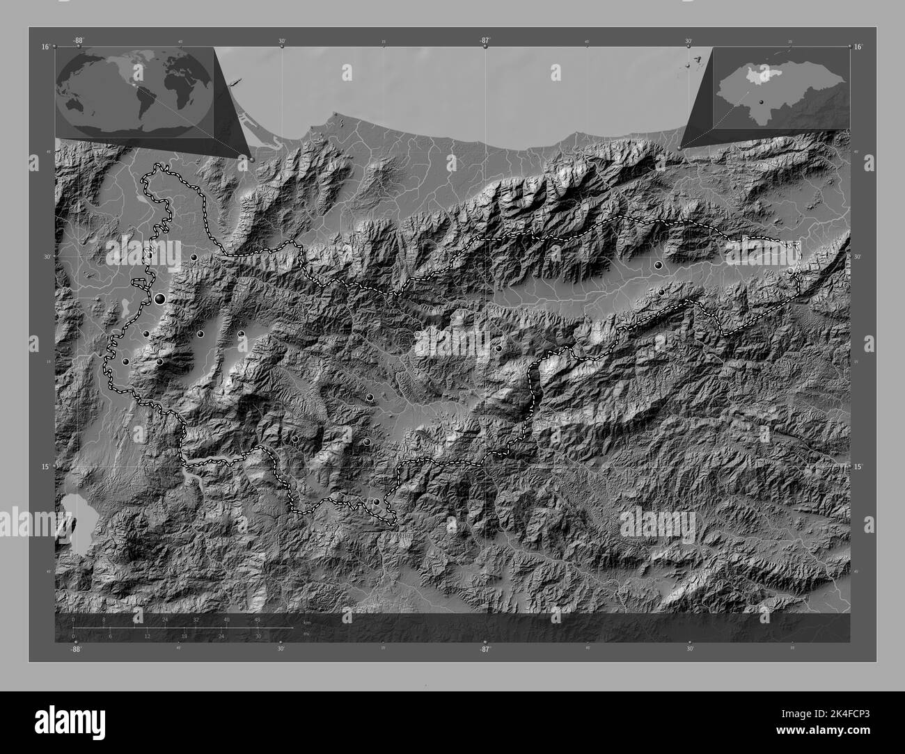 Yoro, department of Honduras. Bilevel elevation map with lakes and ...