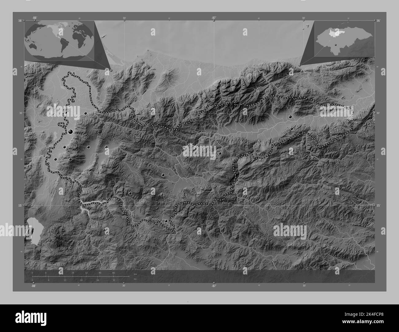 Yoro, department of Honduras. Grayscale elevation map with lakes and ...