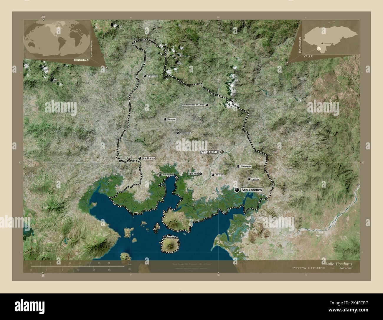 Valle, department of Honduras. High resolution satellite map. Locations ...