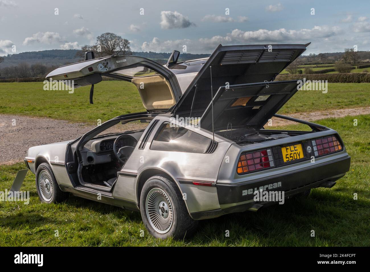 A rear 3/4 view of a 1983 DeLorean DMC12 parked on grass with both its ...