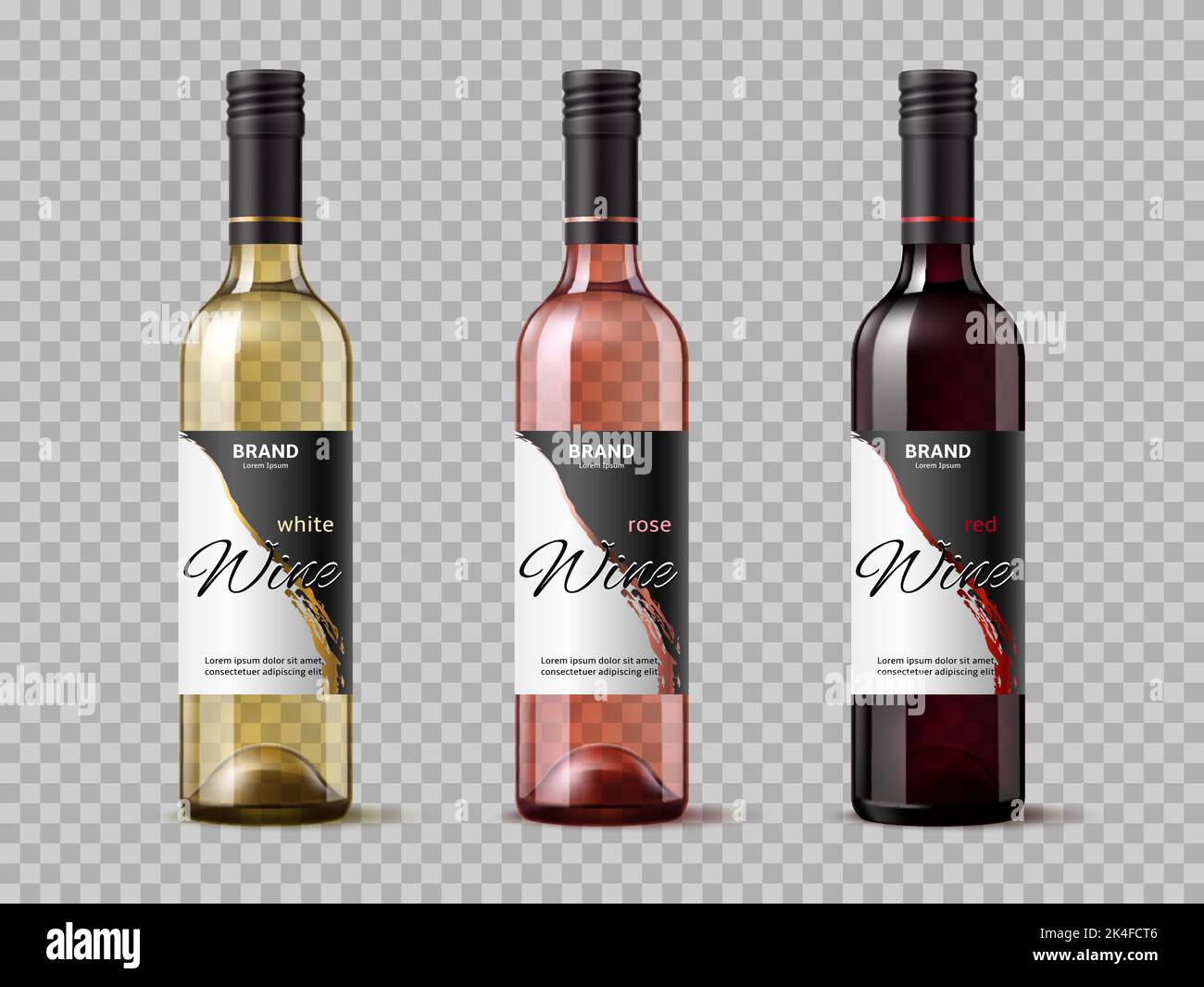 Realistic transparent wine bottles. Wine types, white, red and rose ...
