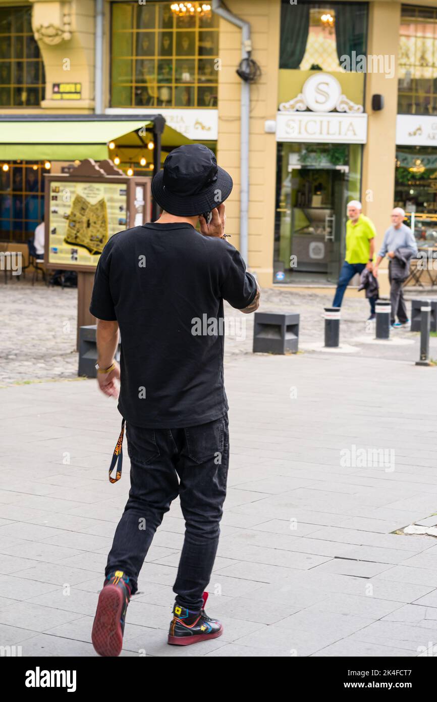 People and tourists walking in Bucharest Old Town, Romania, 2022 Stock ...