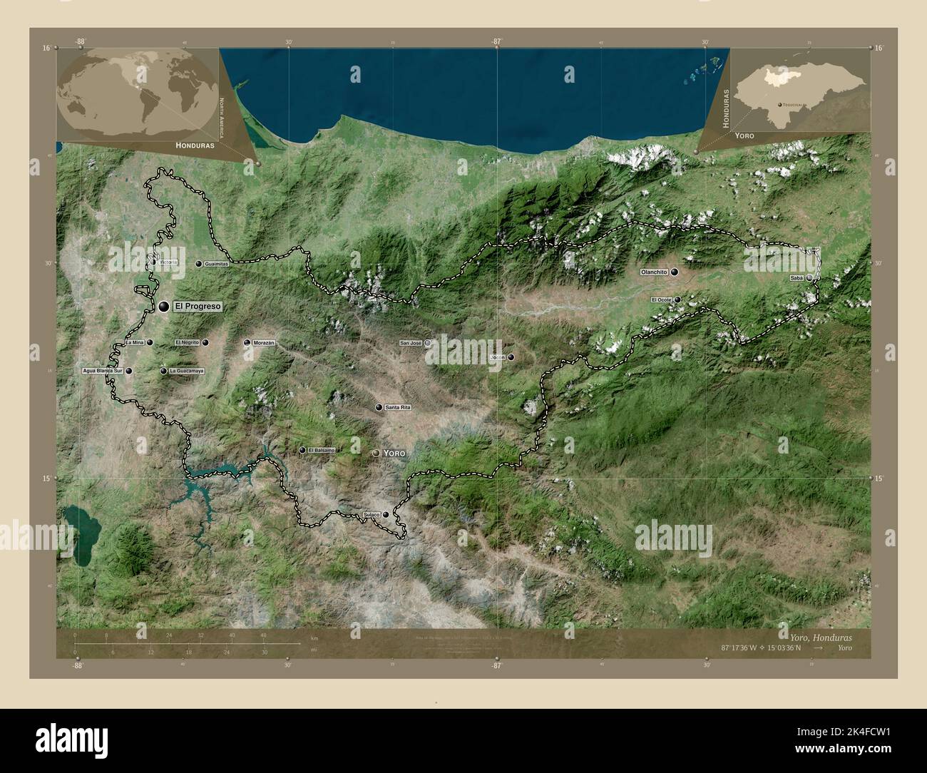 Yoro, department of Honduras. High resolution satellite map. Locations ...