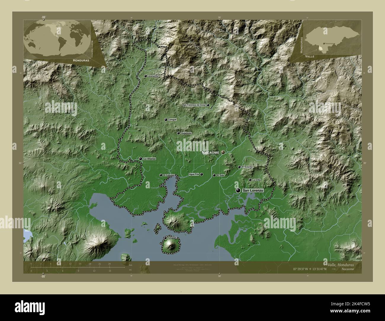 Valle, department of Honduras. Elevation map colored in wiki style with lakes and rivers ...