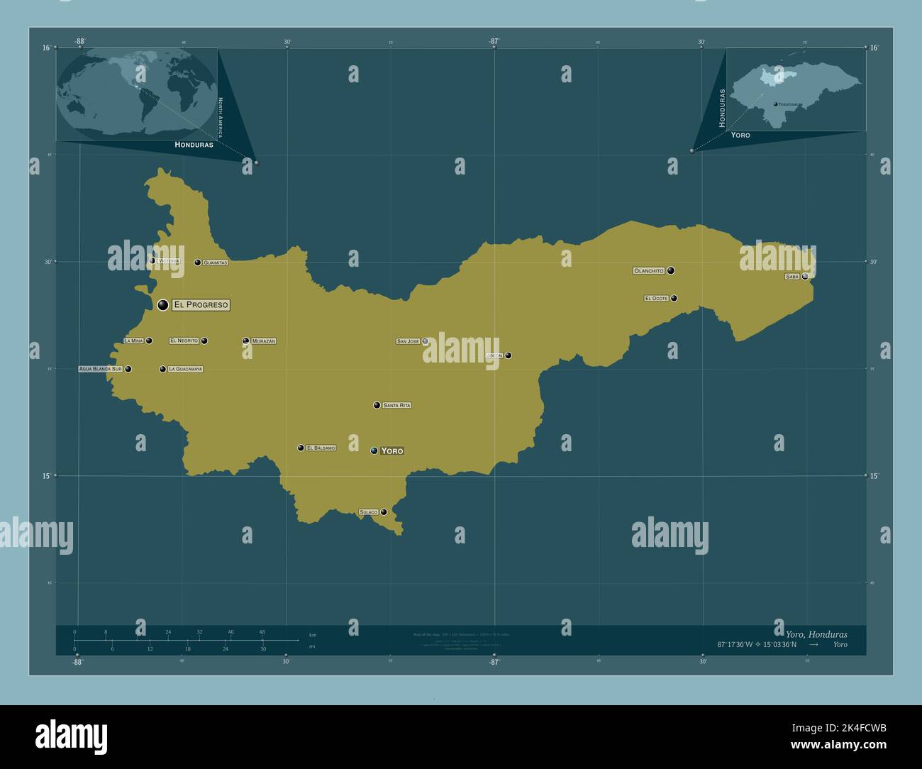 Yoro, department of Honduras. Solid color shape. Locations and names of ...