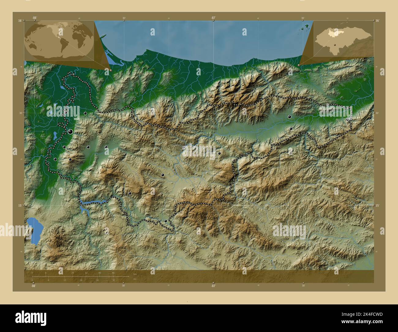 Yoro, department of Honduras. Colored elevation map with lakes and ...