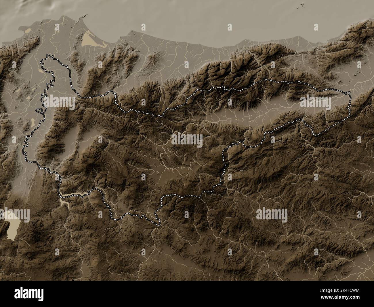 Yoro, department of Honduras. Elevation map colored in sepia tones with ...