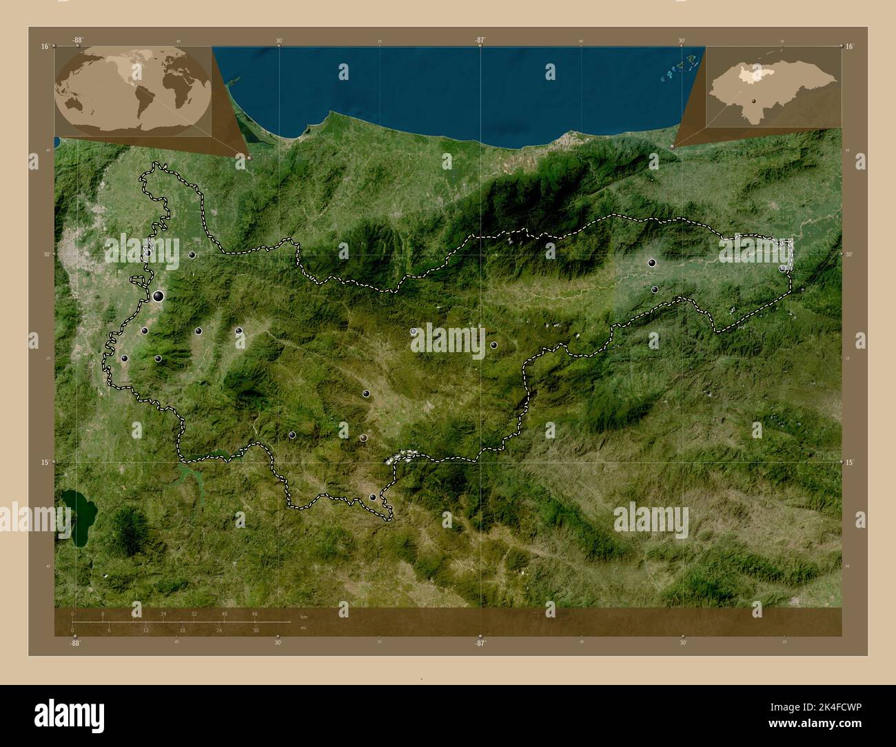Yoro, department of Honduras. Low resolution satellite map. Locations ...