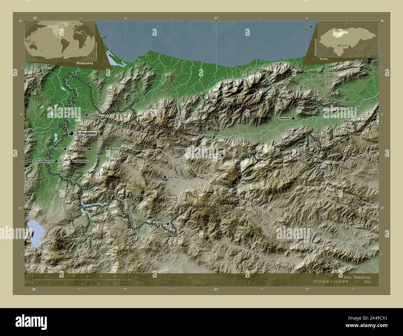 Yoro, department of Honduras. Elevation map colored in wiki style with ...