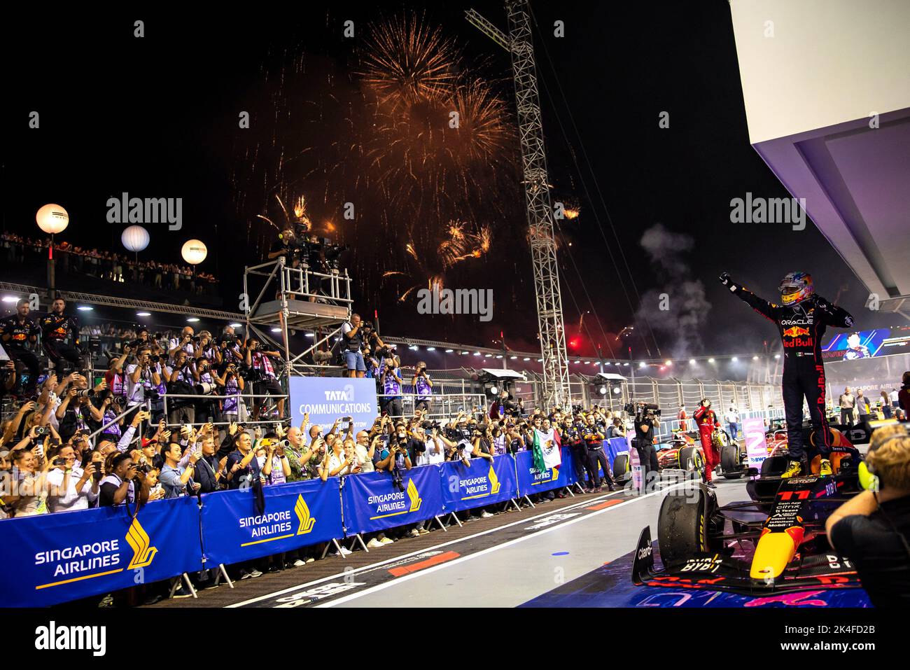 Race winner Sergio Perez (MEX) Red Bull Racing RB18 celebrates in parc ...
