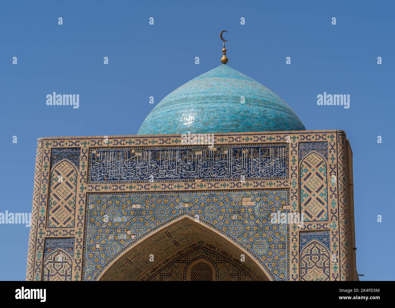 Zoom of blue tiled dome and patterns of Kalan Mosque, Bukhara old town ...