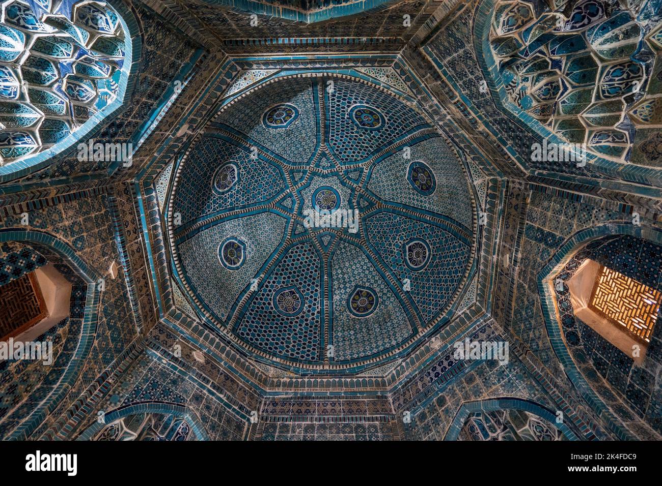 Intricate Blue tiled vault ceiling of Shah-i-Zinda mausoleum complex ...