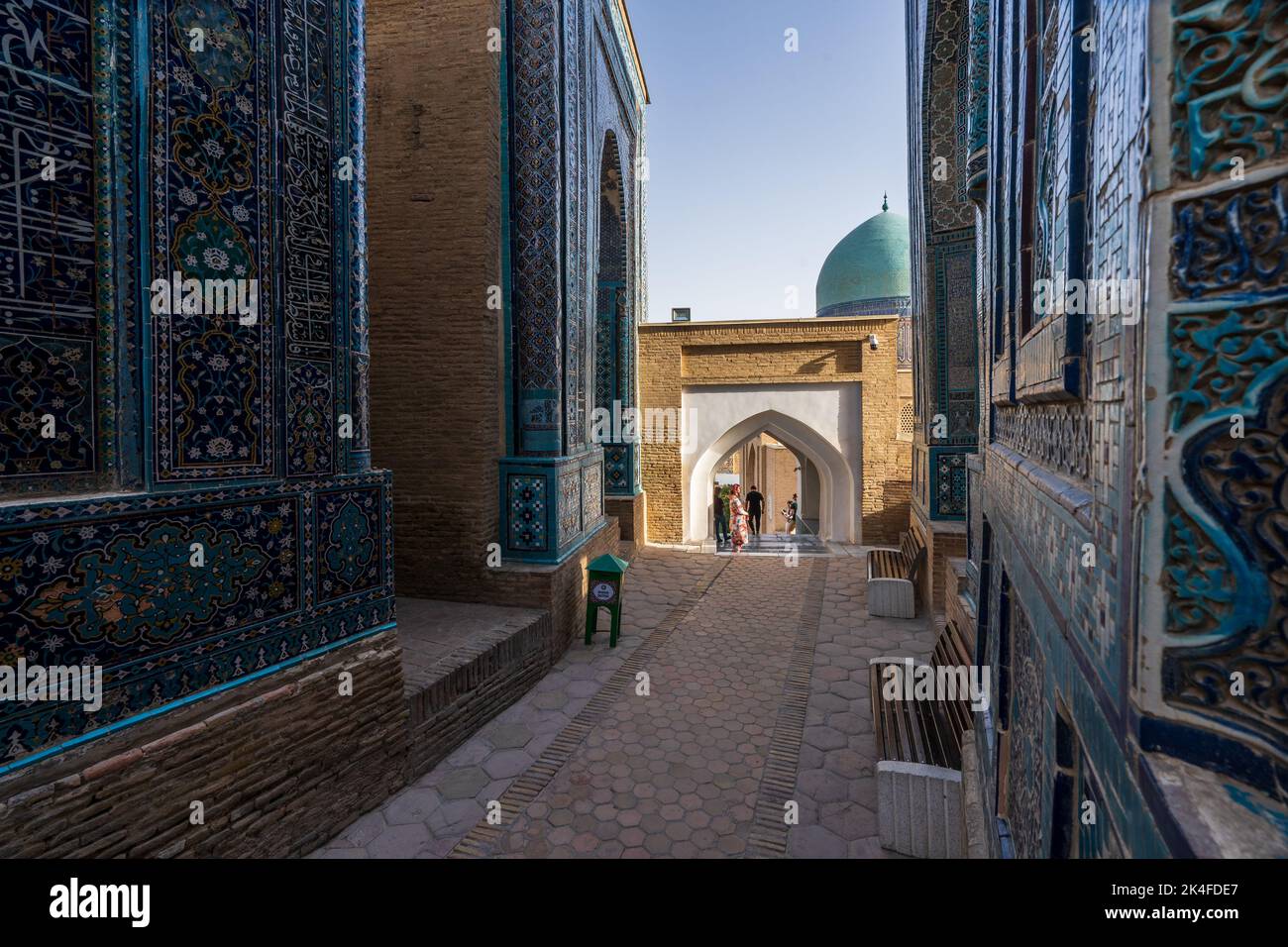 Blue tiled facades and arches of the Shah-i-Zinda mausoleum complex at ...