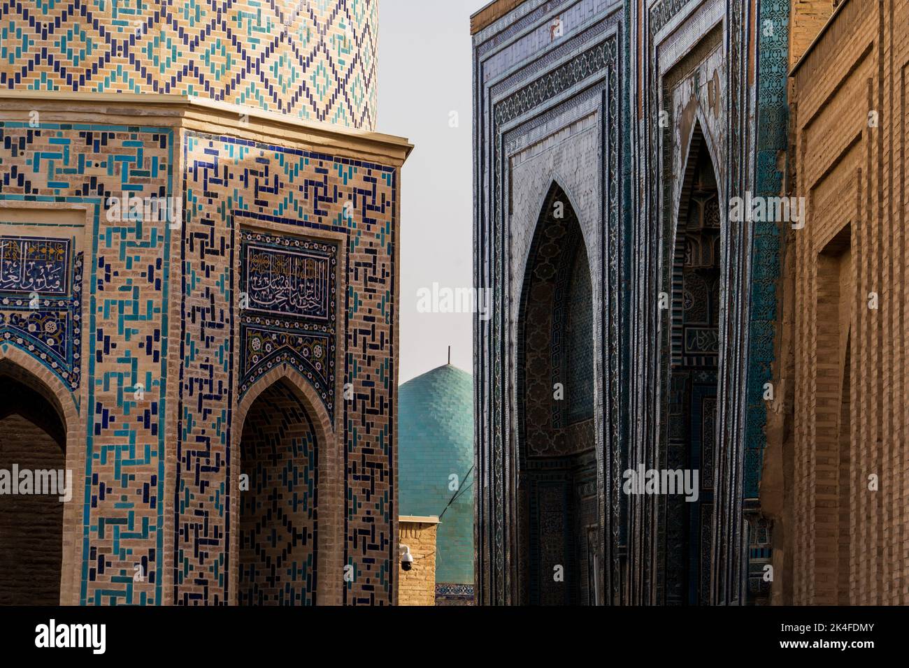 Zoom of patterns and textures of the golden and blue tiled domes in ...