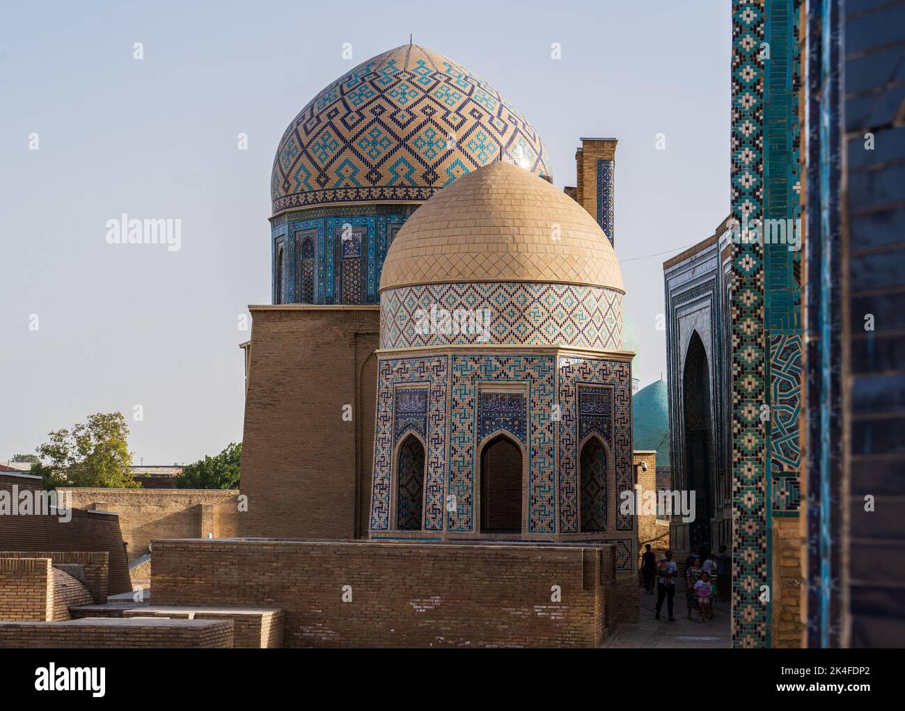 Zoom of patterns and textures of the golden and blue tiled domes in ...