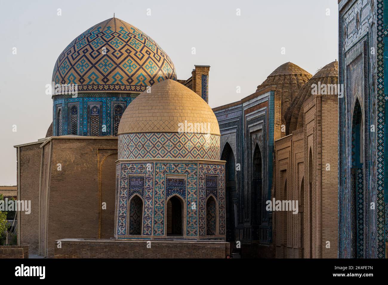Zoom of patterns and textures of the golden and blue tiled domes in ...