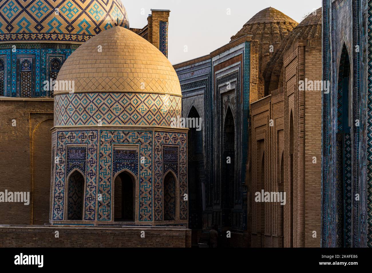 Zoom of patterns and textures of the golden and blue tiled domes in ...