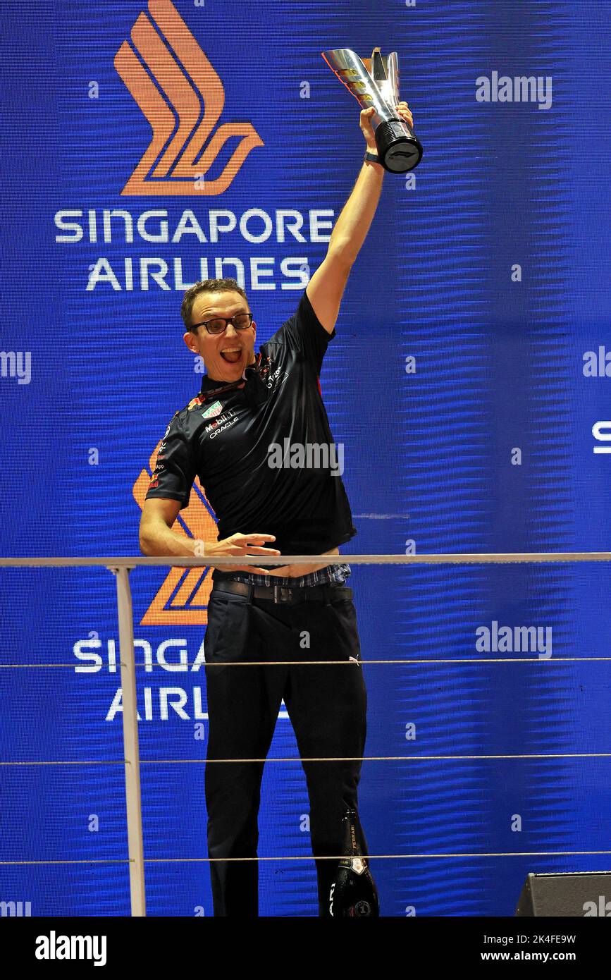 Hugh Bird (GBR) Red Bull Racing Engineer celebrates on the podium ...