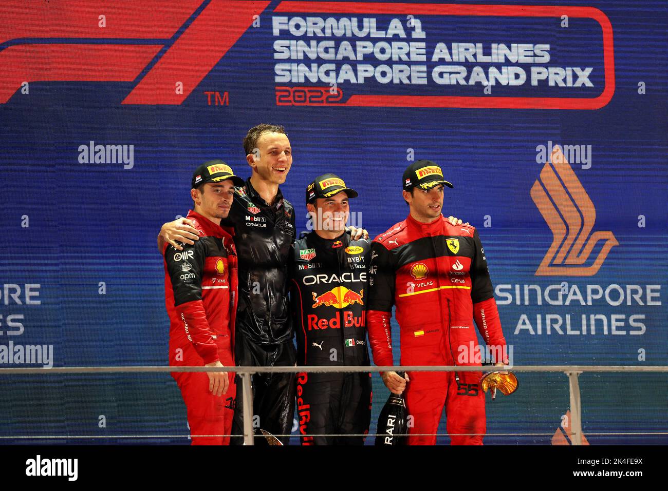 The podium (L to R): Charles Leclerc (MON) Ferrari, second; Hugh Bird (GBR) Red Bull Racing ...