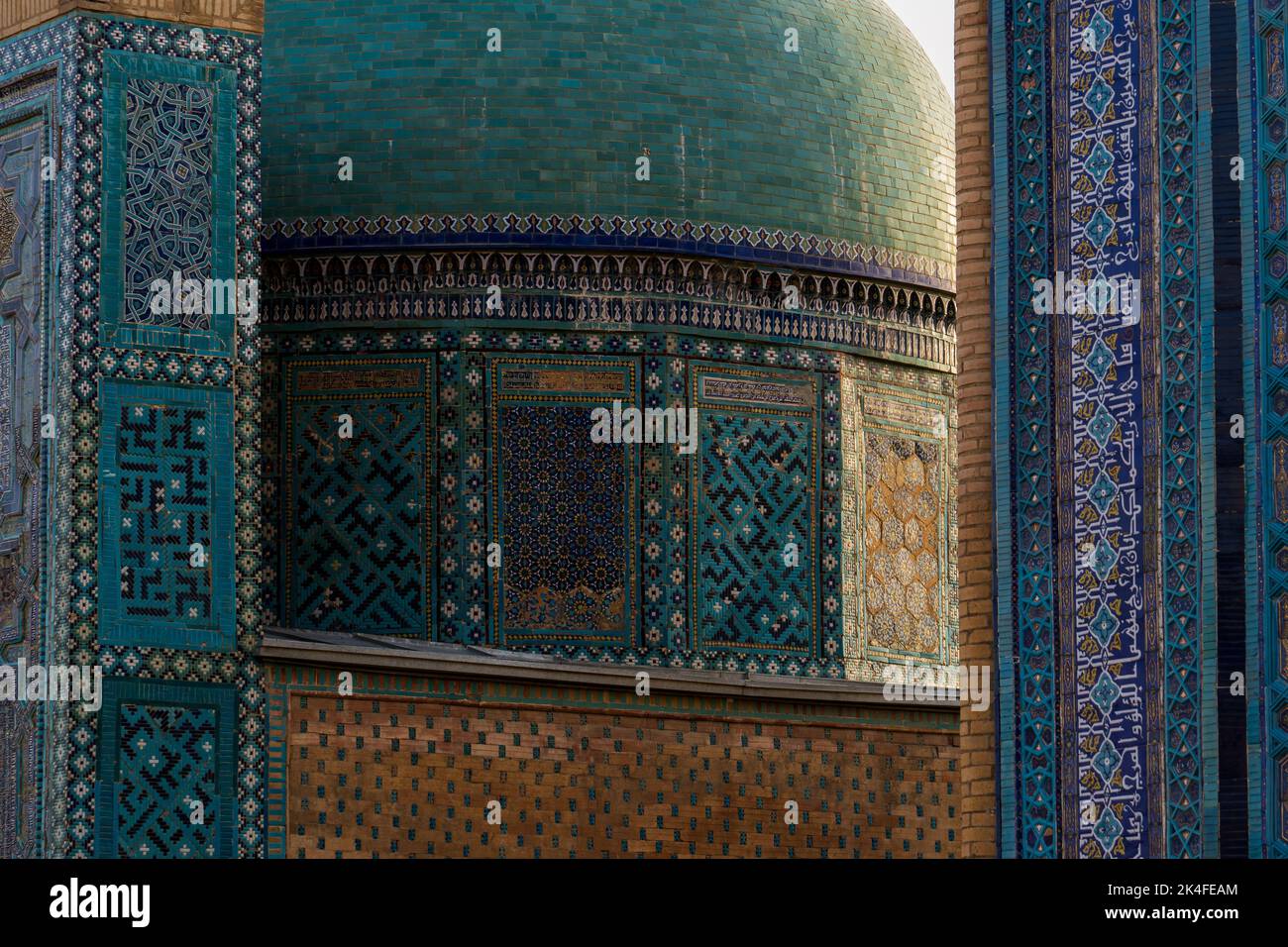 Blue tiled facades and dome of the Shah-i-Zinda mausoleum complex at ...