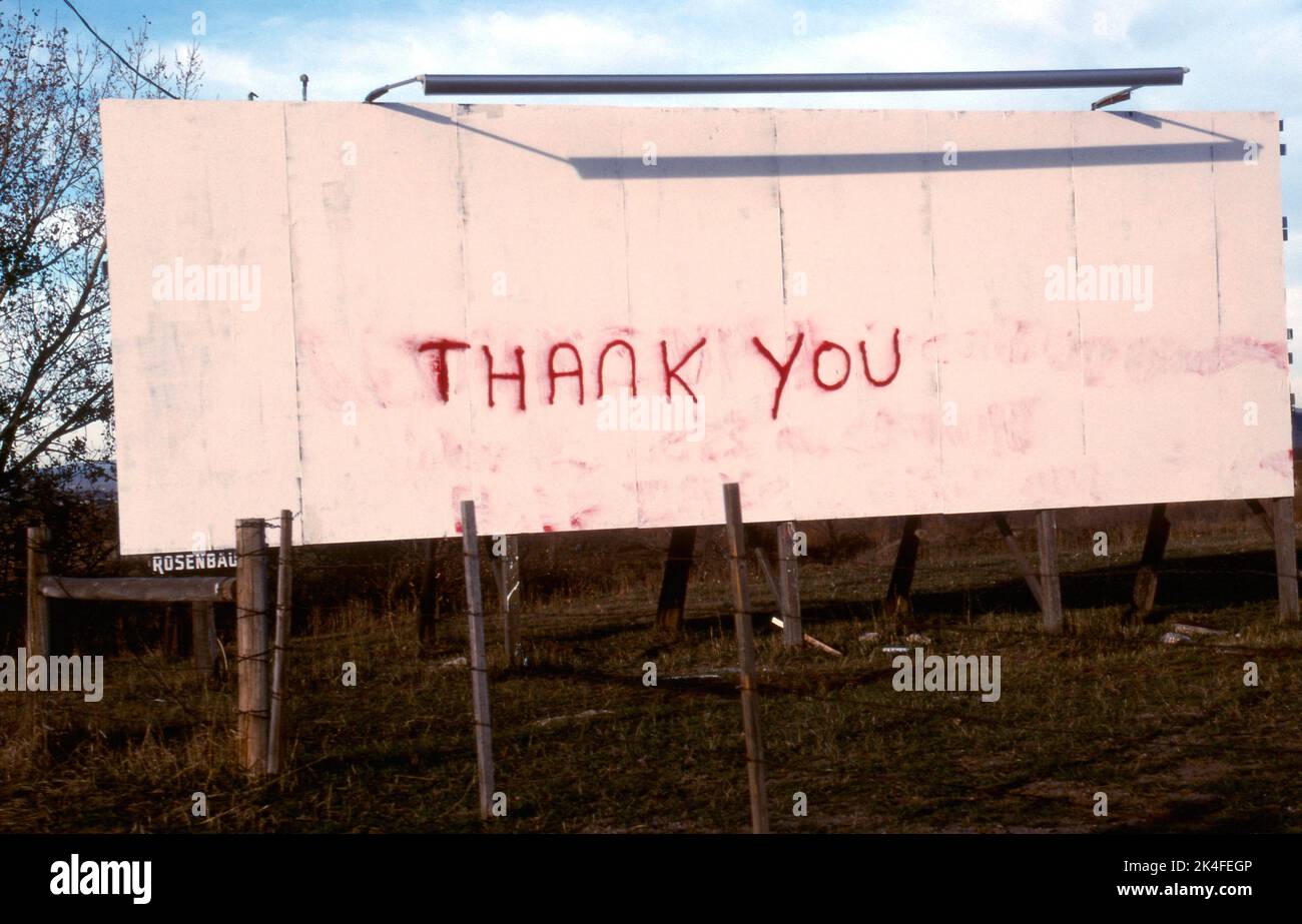 Bill board saying "Thank You" written with spray paint. Oregon. USA ...