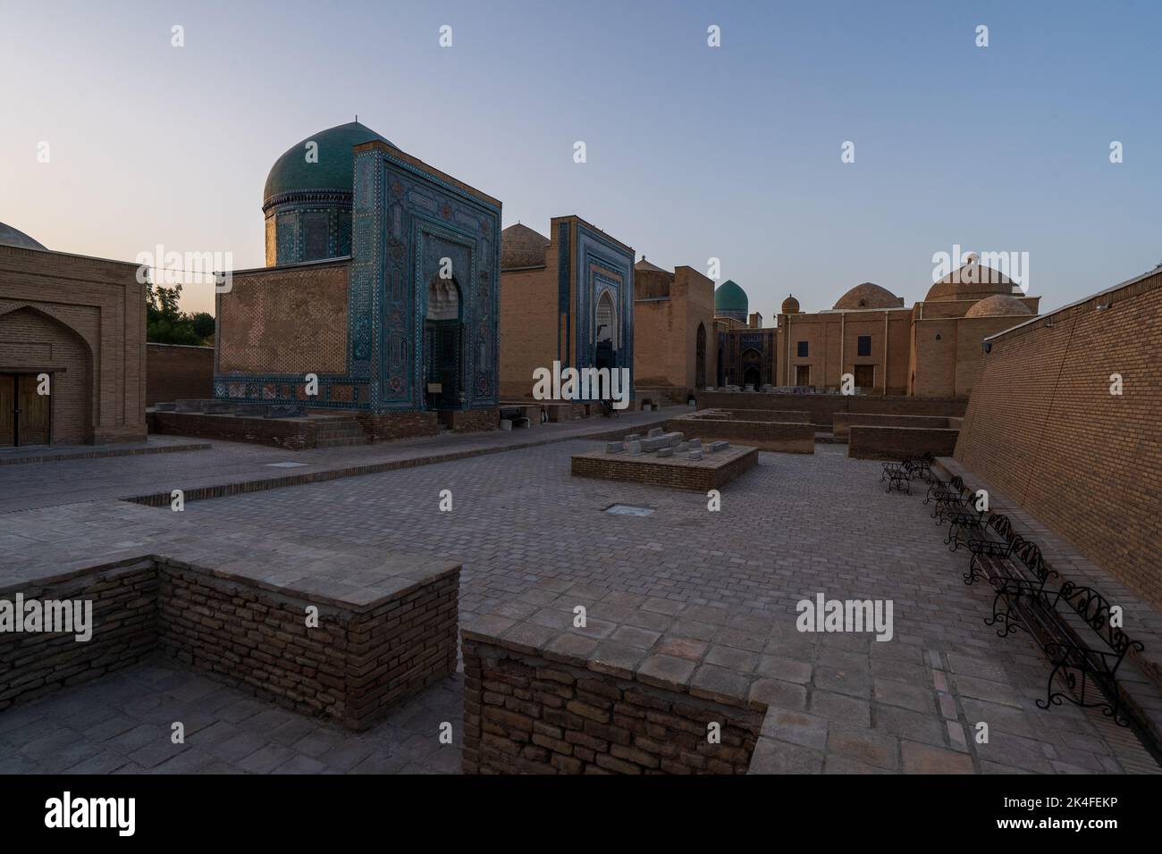 The blue tiled facades domes and arches of the Shah-i-Zinda mausoleum ...