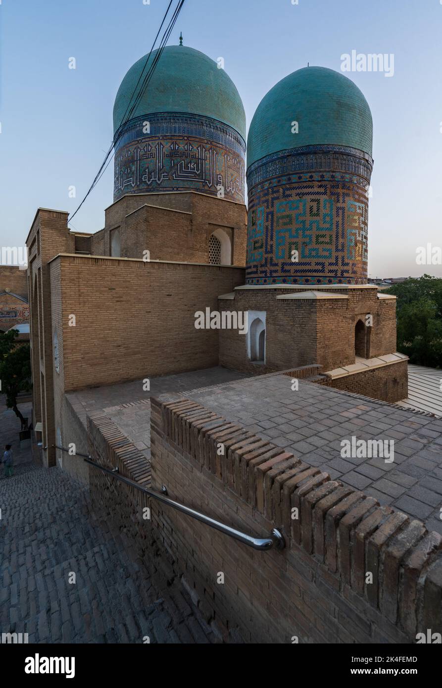 Double blue-tiled dome towers at Shah-i-Zinda at sunset, Samarkand ...