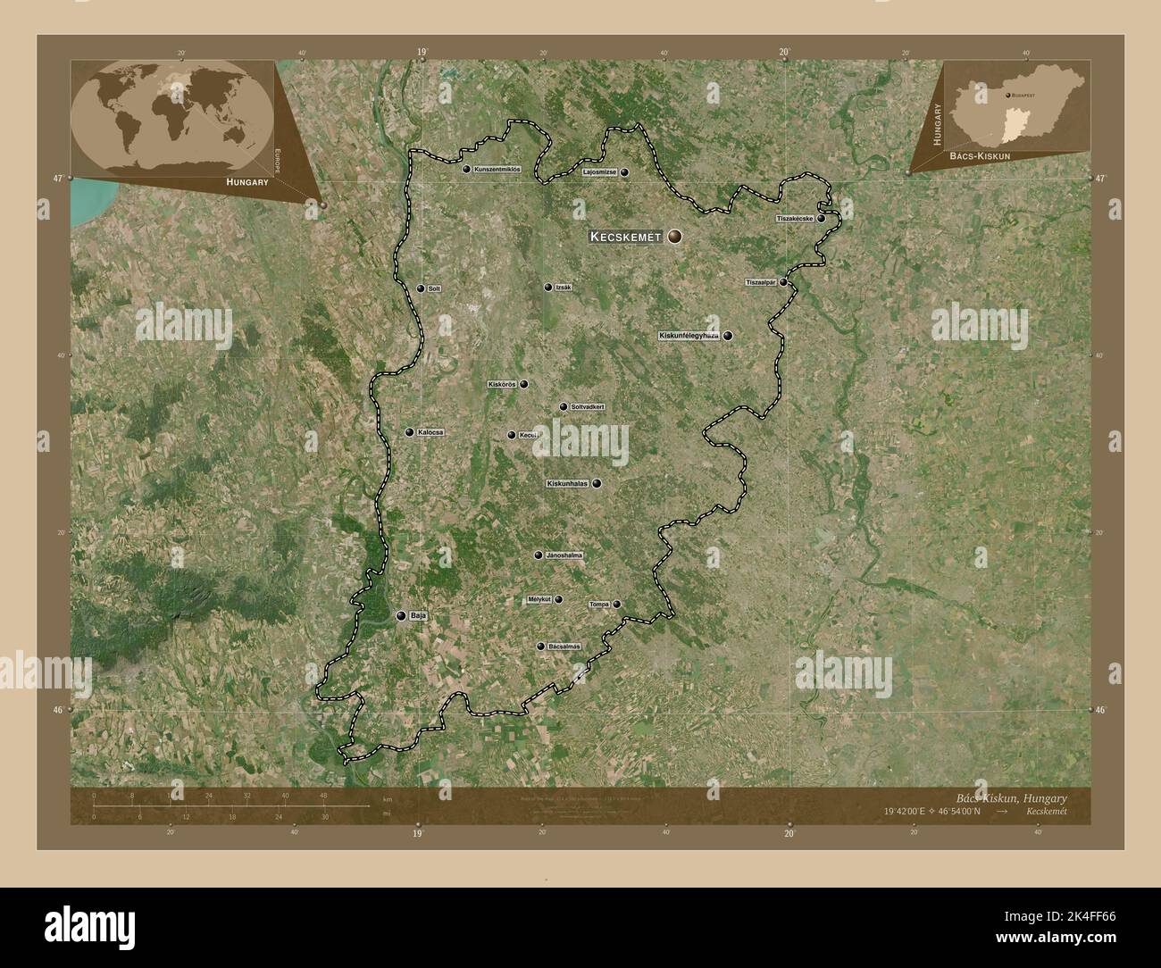 Bacs-Kiskun, county of Hungary. Low resolution satellite map. Locations ...