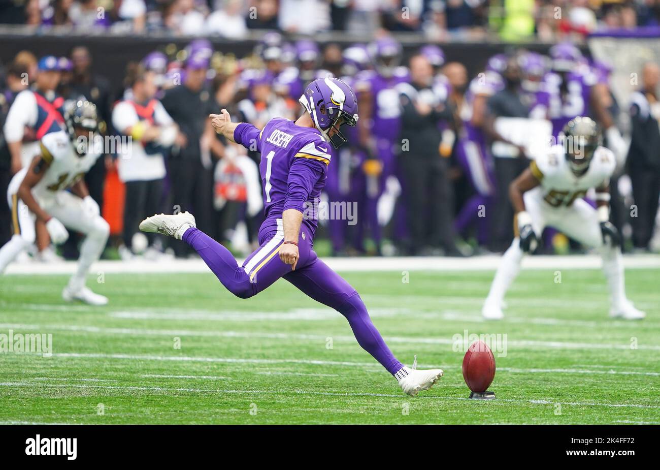 Minnesota Vikings' Greg Joseph kicks during the NFL International match ...