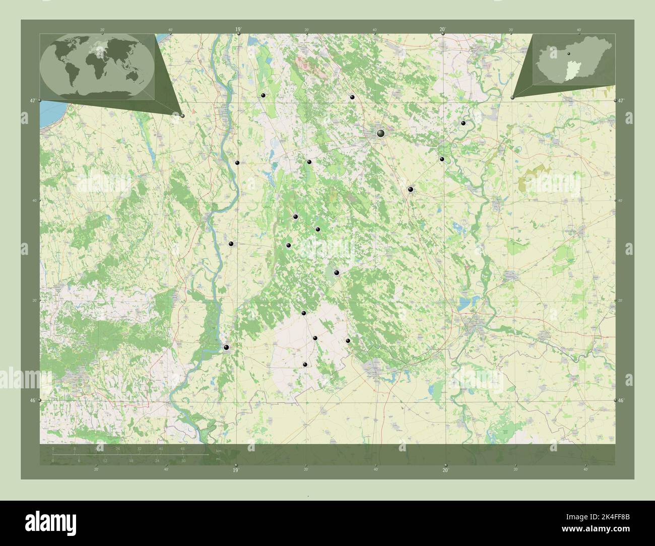 Bacs-Kiskun, county of Hungary. Open Street Map. Locations of major ...